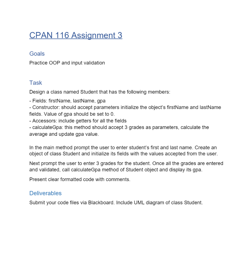 Solved CPAN 116 Assignment 3 Goals Practice OOP and input | Chegg.com
