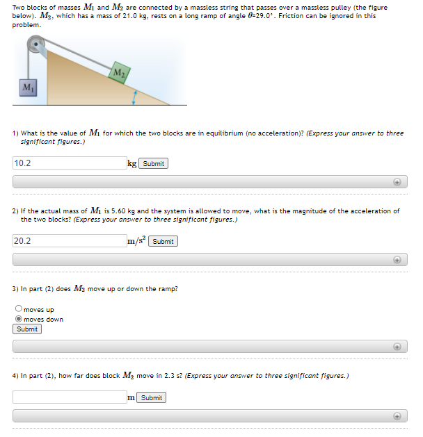 Solved Two blocks of masses Mi and M2 are connected by a | Chegg.com