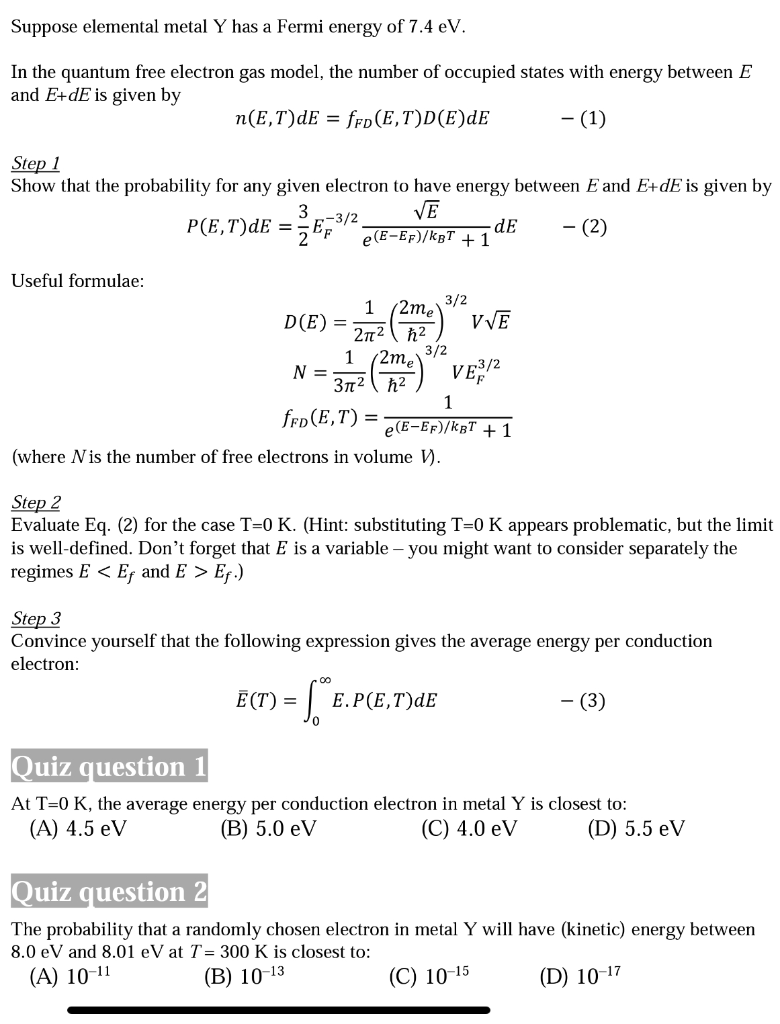 Solved Suppose elemental metal Y has a Fermi energy of 7.4 | Chegg.com