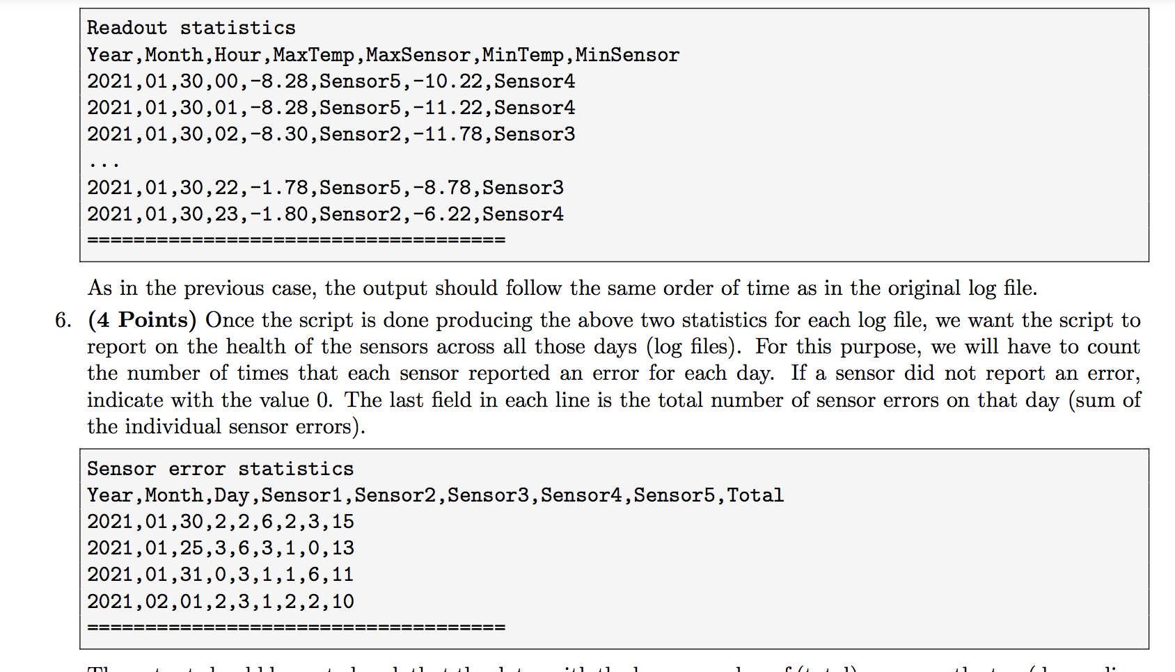 Ex. 1 Parsing sensor logs for analysis (20 Points) | Chegg.com