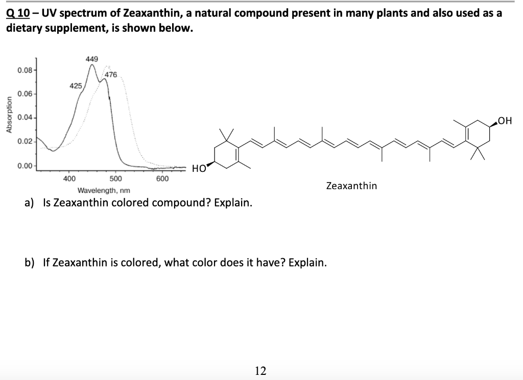 Solved Q 10 - UV spectrum of Zeaxanthin, a natural compound | Chegg.com