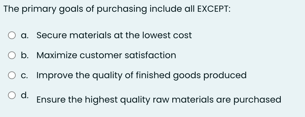 Solved The primary goals of purchasing include all EXCEPT:a. | Chegg.com