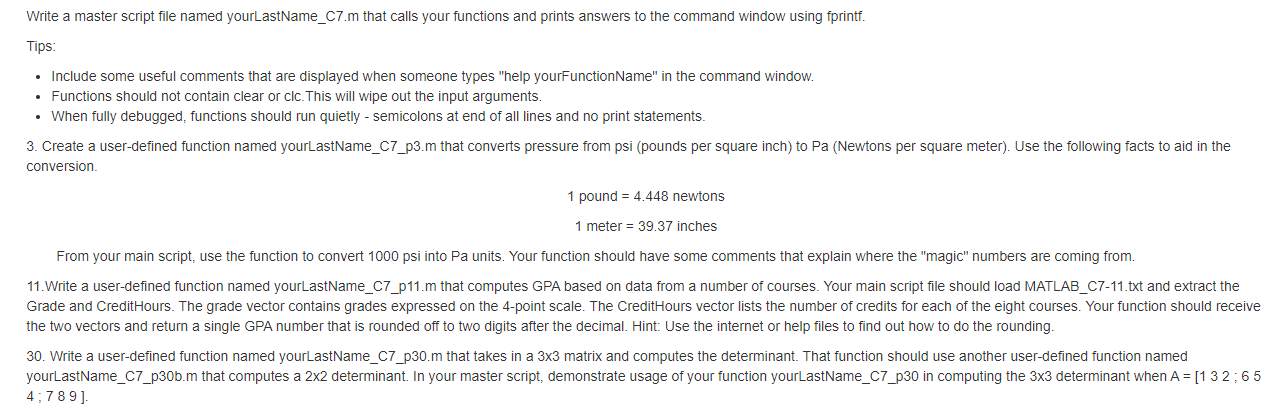 Solved Write a master script file named yourLastName_c7.m | Chegg.com