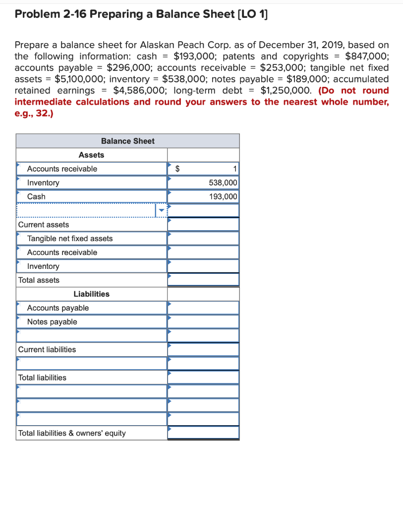 Solved Problem 2-16 Preparing a Balance Sheet [LO 1] Prepare | Chegg.com