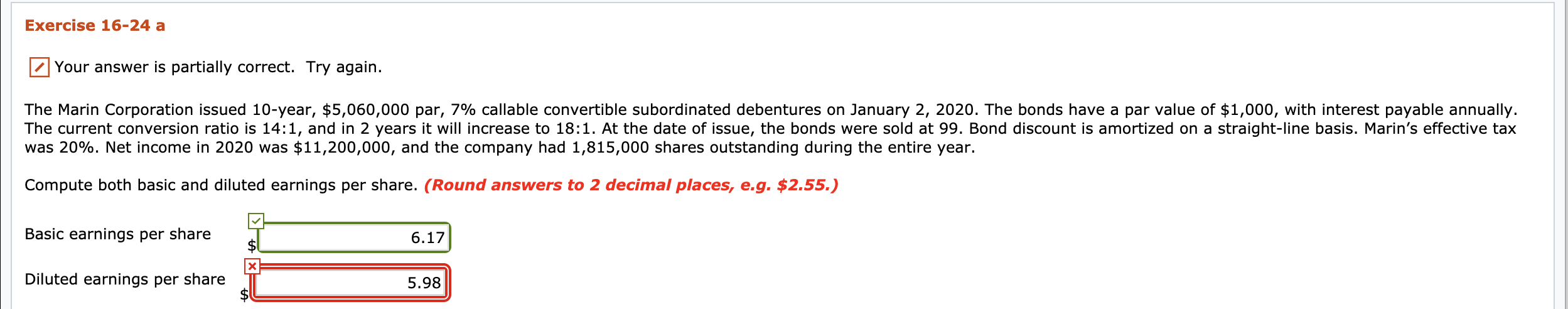 Solved Exercise 16-24 a Your answer is partially correct. | Chegg.com