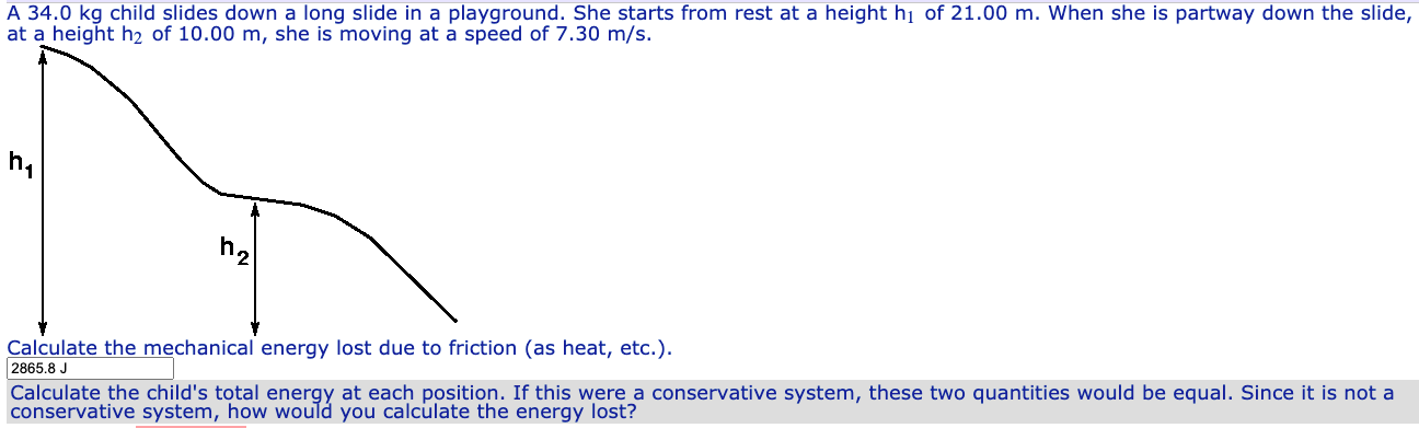 Solved A 34.0 kg child slides down a long slide in a | Chegg.com