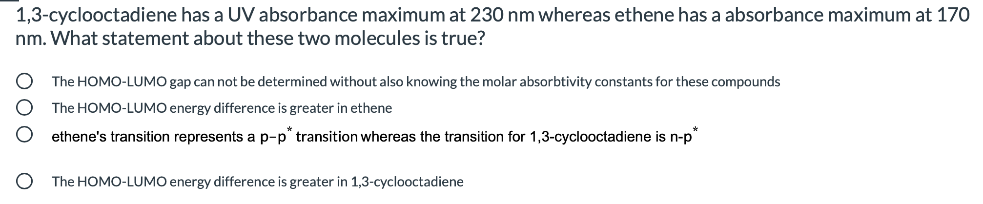 Solved 1,3-cyclooctadiene has a UV absorbance maximum at 230 | Chegg.com