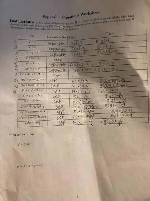 Solved Seperable Equations Worksheet Instructions A First