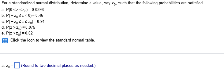 Solved For a standardized normal distribution, determine a | Chegg.com