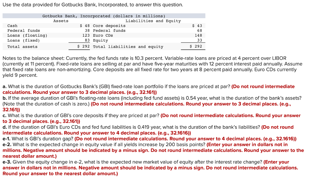 Use the data provided for Gotbucks Bank, | Chegg.com