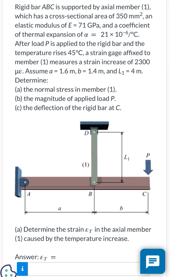 Solved Rigid bar ABC is supported by axial member (1), which | Chegg.com