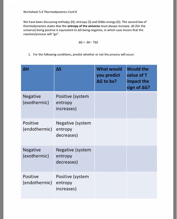Solved Worksheet 5.6 Thermodynamics Cont'd We have been | Chegg.com