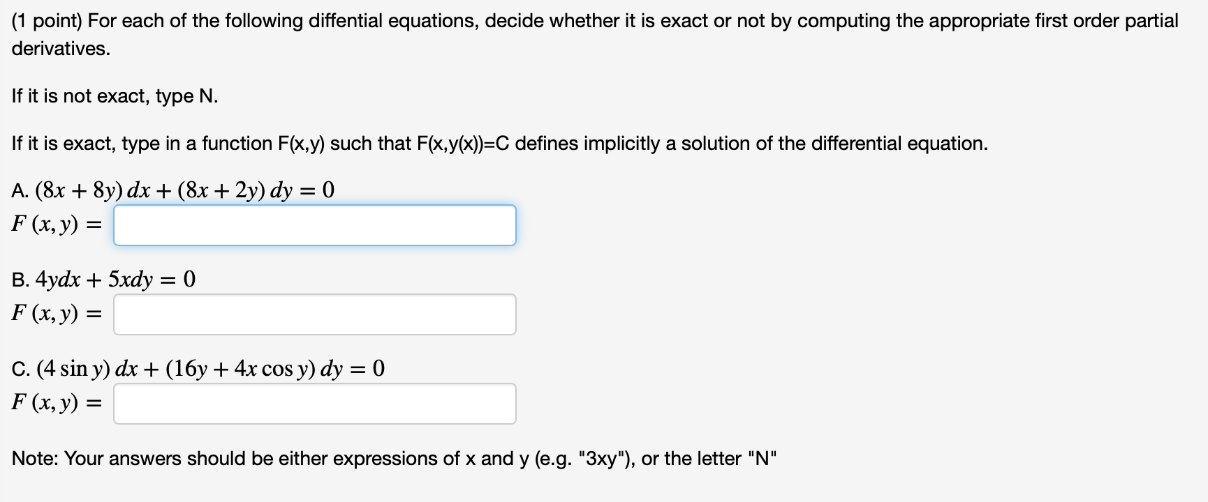 Solved (1 point) For each of the following diffential | Chegg.com