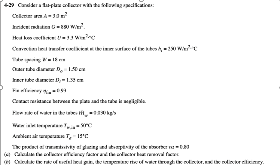 Solved 4-29 Consider a flat-plate collector with the | Chegg.com