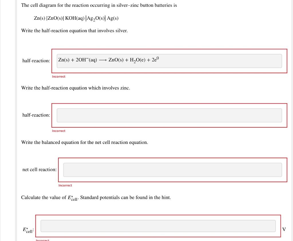 Solved The cell diagram for the reaction occurring in | Chegg.com