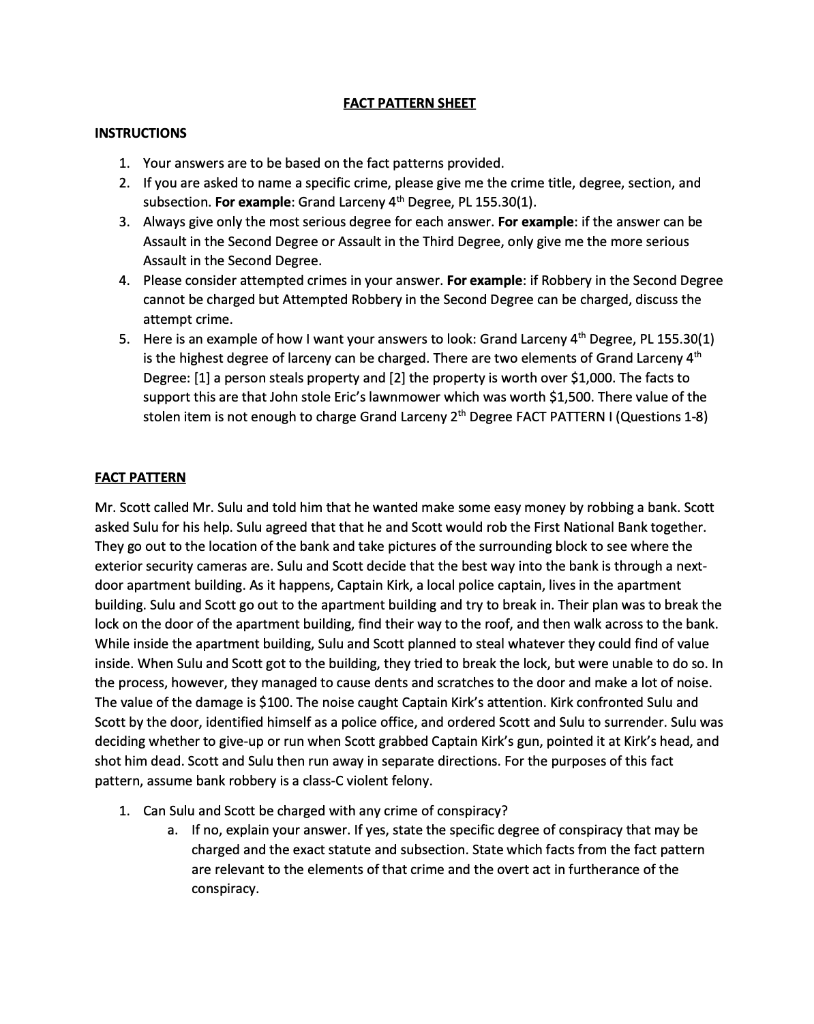 FACT PATTERN SHEET INSTRUCTIONS 1. Your answers are | Chegg.com