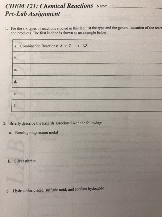 Solved CHEM 121: Chemical Reactions Name Pre-Lab Assignment | Chegg.com