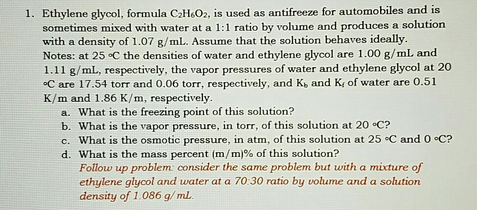 Solved 1. Ethylene glycol, formula C2H6O2, is used as | Chegg.com