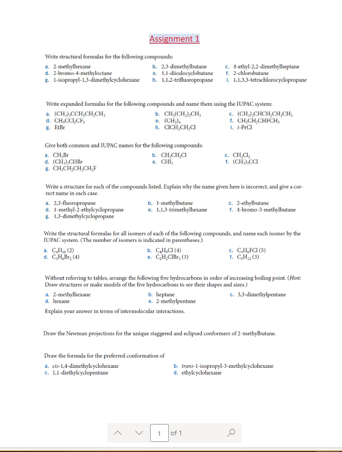 Solved Assignment 1 Write structural formulas for the | Chegg.com