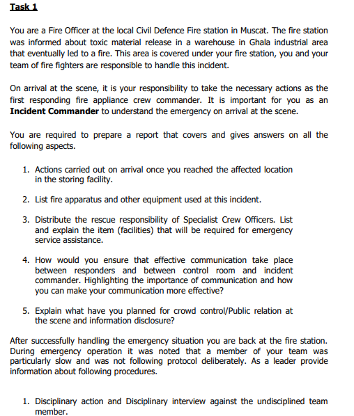 Solved Task 1 You are a Fire Officer at the local Civil | Chegg.com