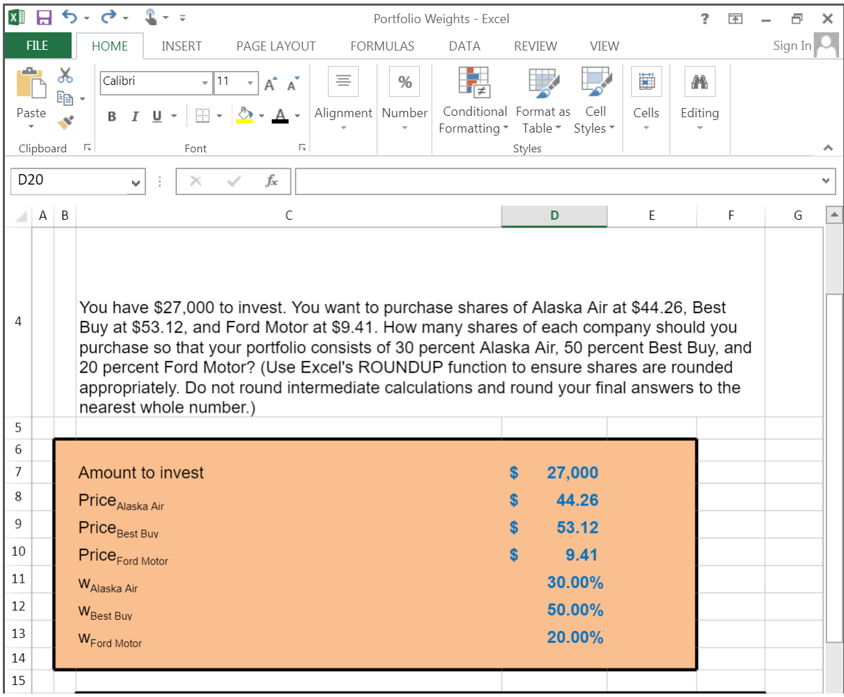 Solved Portfolio Weights - Excel ? * - Sign In FILE HOME | Chegg.com