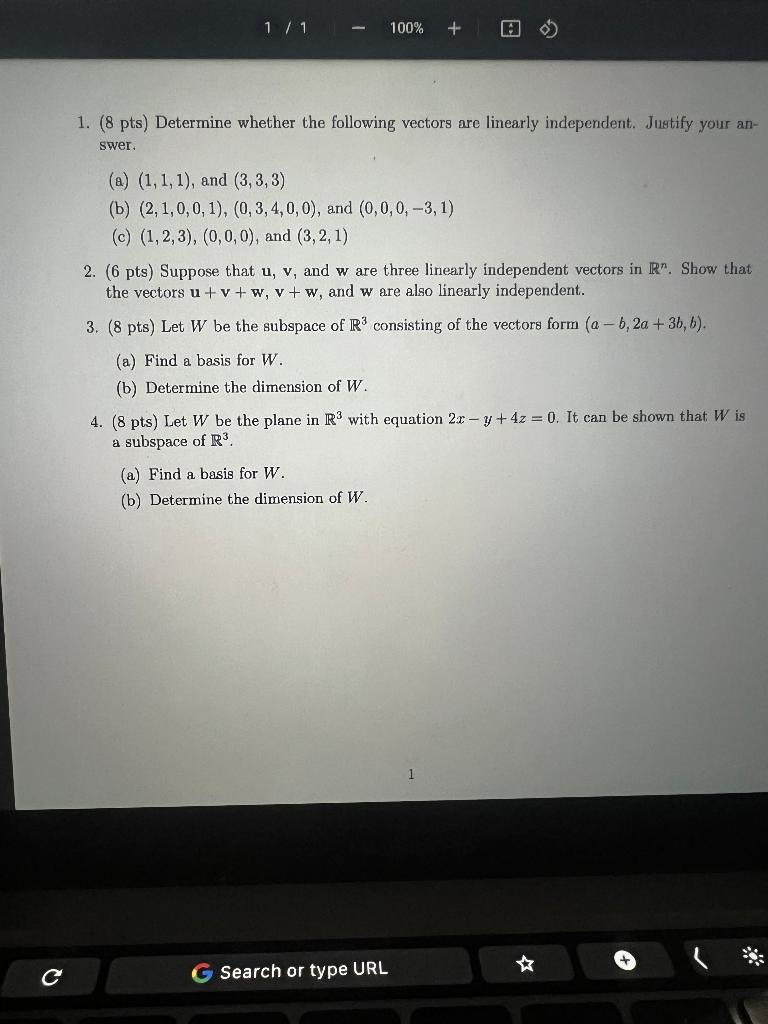 Solved 1. ( 8 pts) Determine whether the following vectors | Chegg.com