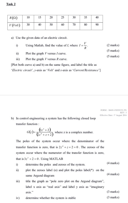 Solved Use The Given Data Of An Electric Circuit I