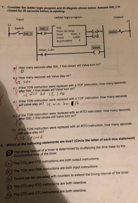 Solved 7. Consider the ladder logic program and 1O diagram | Chegg.com