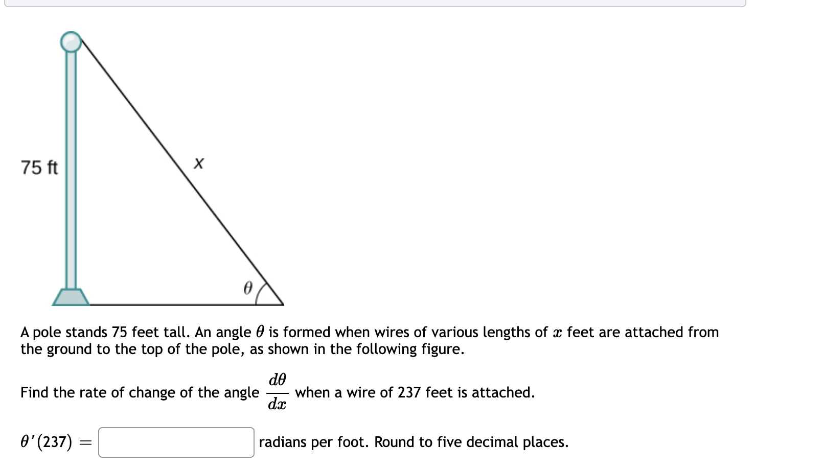Solved A pole stands 75 feet tall. An angle θ is formed when | Chegg.com