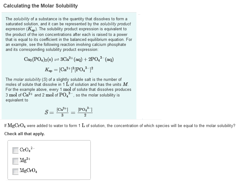 Solved Calculating the Molar Solubility The solubility of a | Chegg.com
