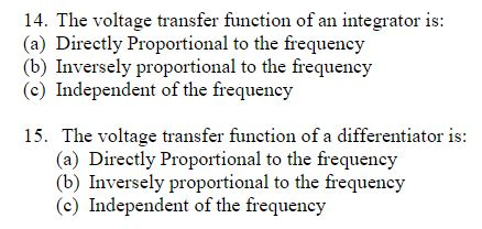 Solved 14. The voltage transfer function of an integrator | Chegg.com