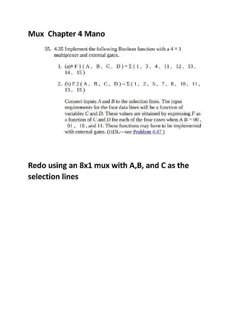 Solved Mux Chapter 4 Mano 35. 4.35 Implement the following | Chegg.com
