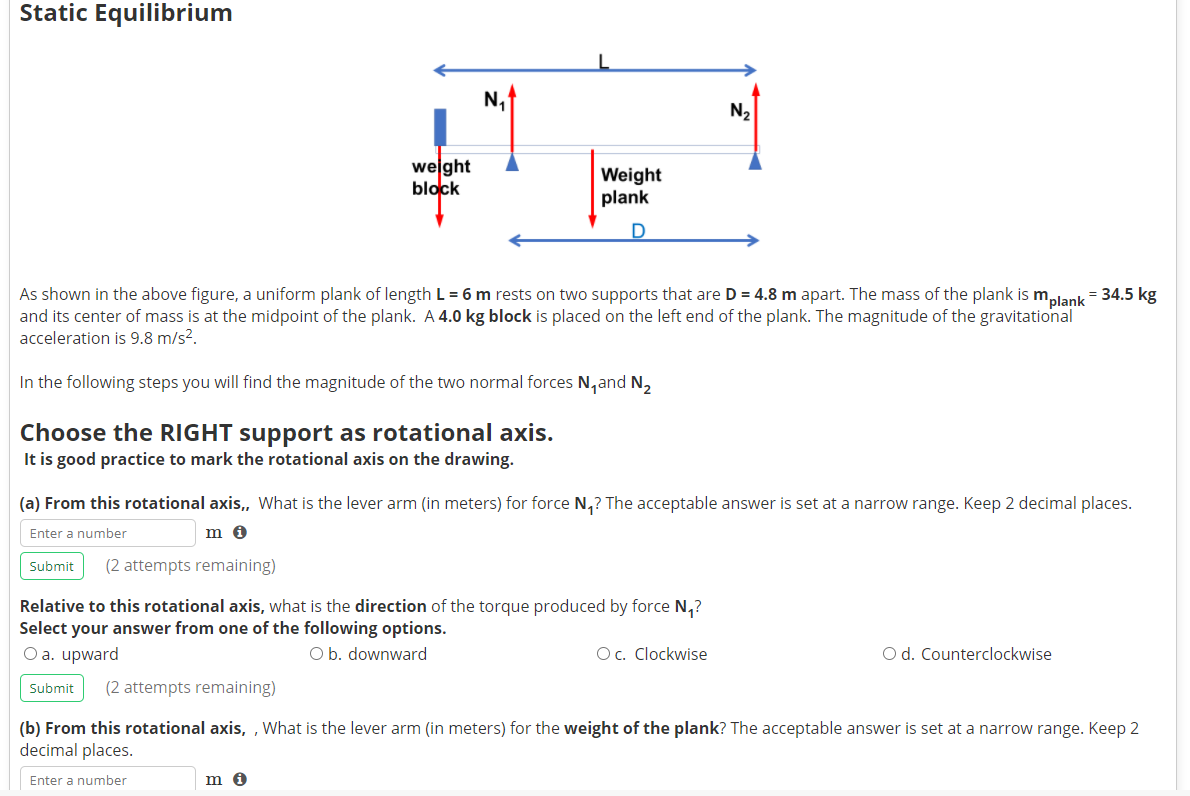 Solved Static Equilibrium N2 weight block Weight plank D As | Chegg.com
