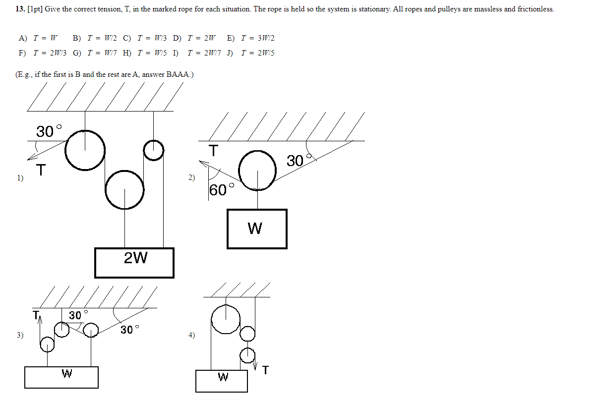 Solved Give the correct tension, T, in the marked rope for | Chegg.com
