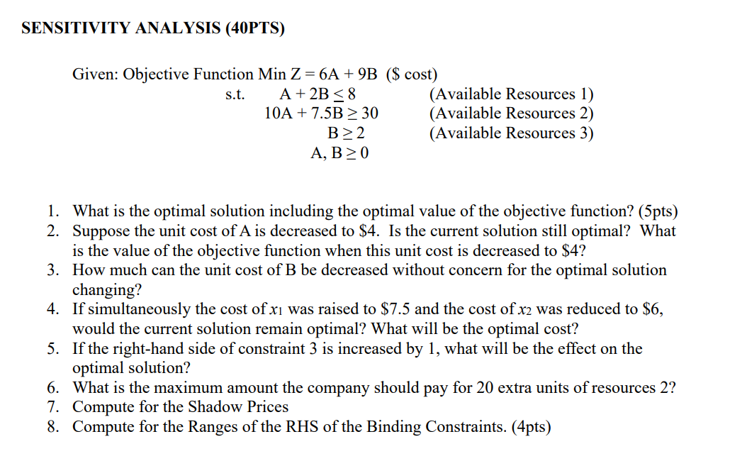 Solved Sensitivity Analysis (40pts) Given: Objective 