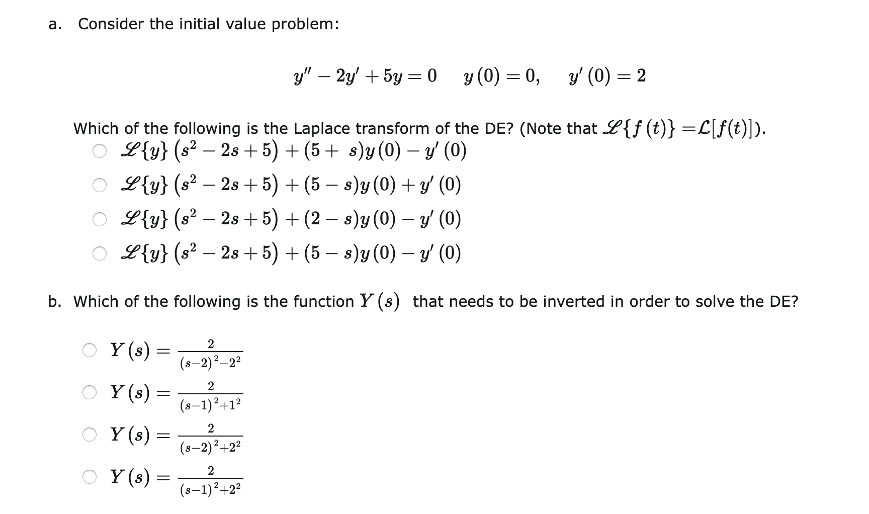 Solved a. Consider the initial value problem: y" – 2y + 5y = | Chegg.com