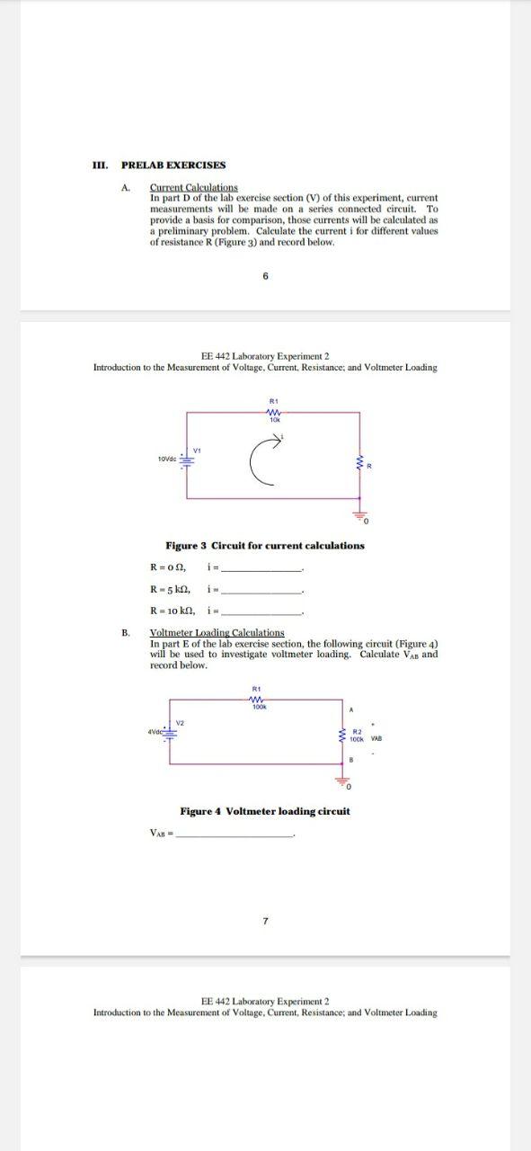 Solved III. PRELAB EXERCISES A Current Calculations In part | Chegg.com