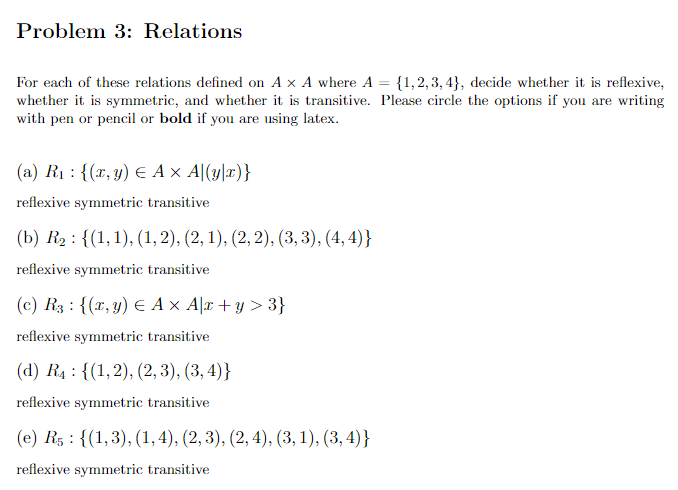 Solved For each of these relations defined on A×A where | Chegg.com