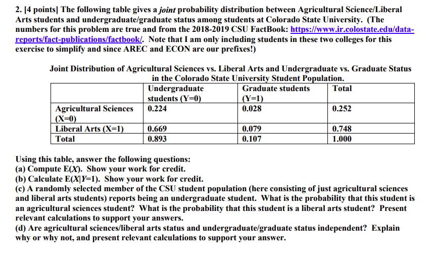 Solved 2. [4 points] The following table gives a joint | Chegg.com