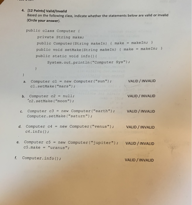 Solved [12 Points] Valid/Invalid Based on the following | Chegg.com