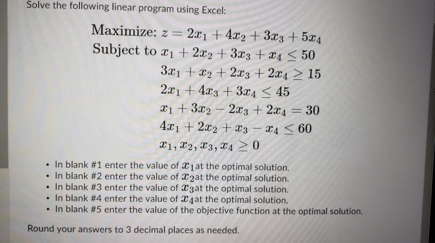 Solved Solve the following linear program using Excel: | Chegg.com
