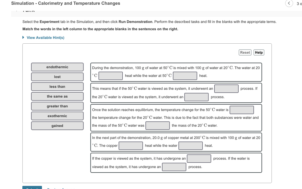 Solved Simulation Calorimetry and Temperature Changes
