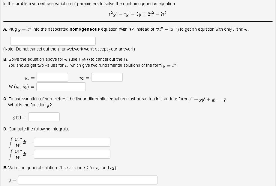 Solved t2y′′−ty′−3y=2t2−2t3 A. Plug y=tn into the associated | Chegg.com
