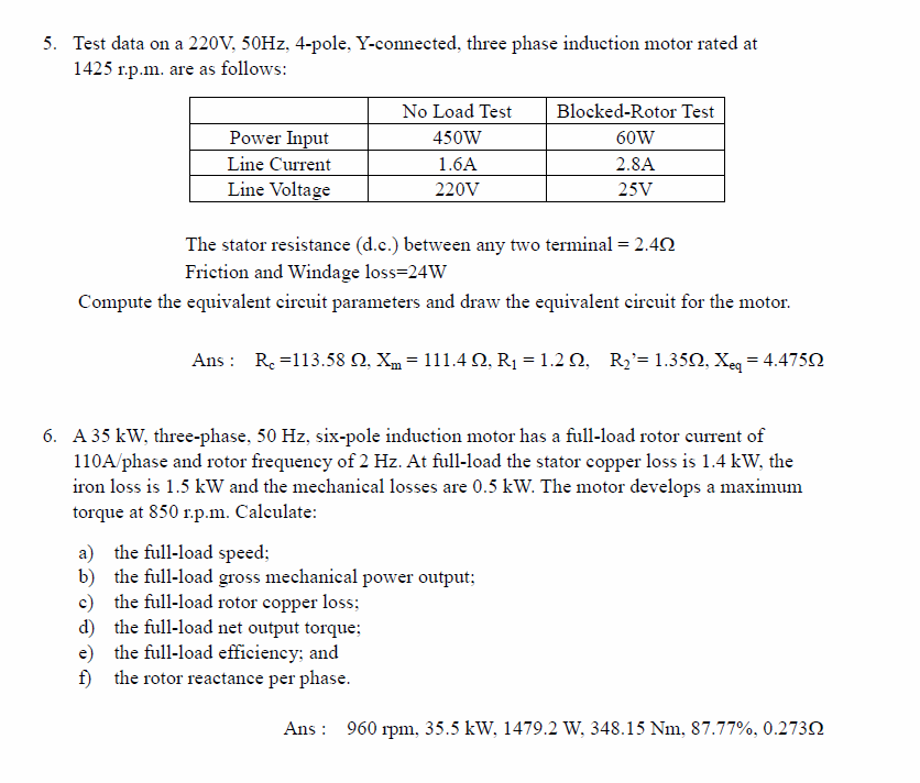 Solved 5 Test Data On A 220V 50Hz 4 pole Y connected Chegg