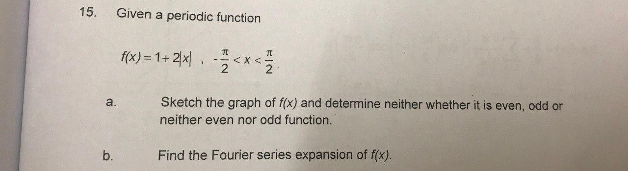Solved 15. Given a periodic function f(x)=1+2∣x∣,−2π | Chegg.com