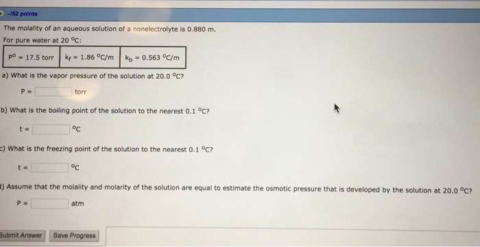 Solved The molality of an aqueous solution of a | Chegg.com