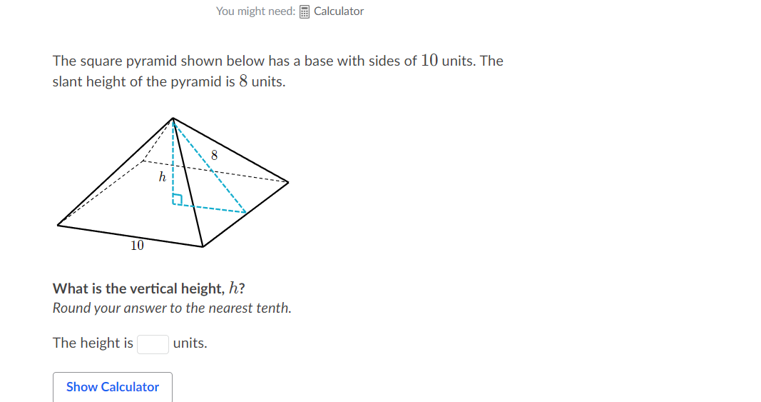 Solved The square pyramid shown below has a base with sides | Chegg.com