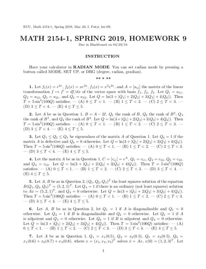 ECU, Math 2154-1, Spring 2019, Mar. 20, I. Patyi, | Chegg.com