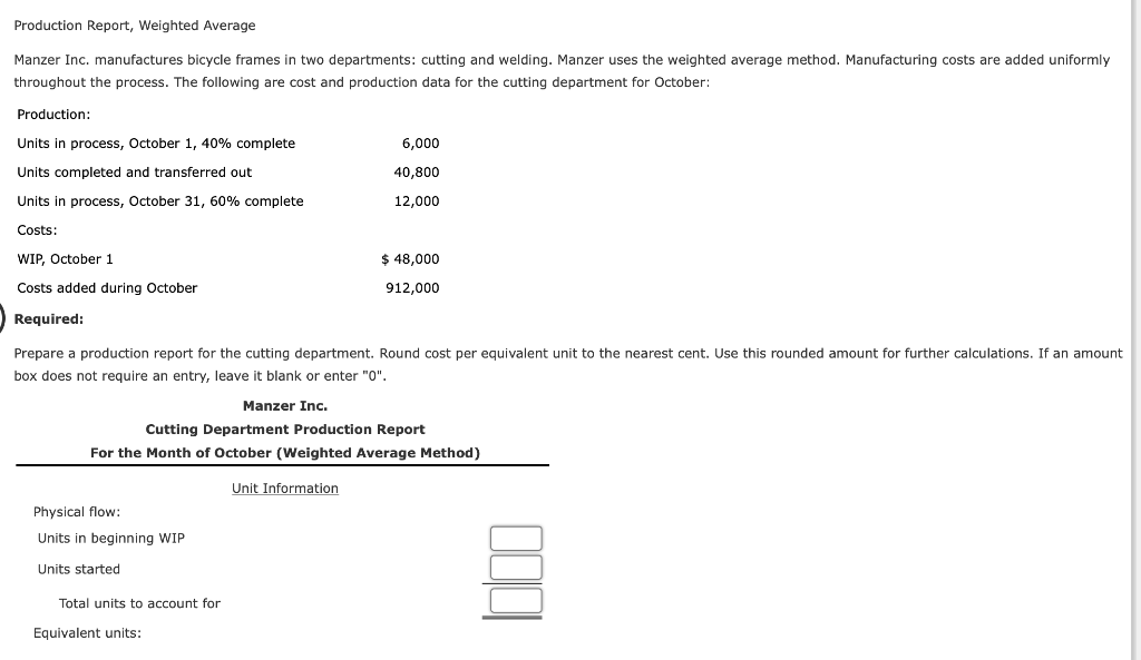 Solved Production Report, Weighted Average Manzer Inc. | Chegg.com