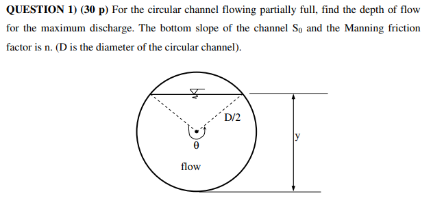Solved QUESTION 1) (30 p) For the circular channel flowing | Chegg.com